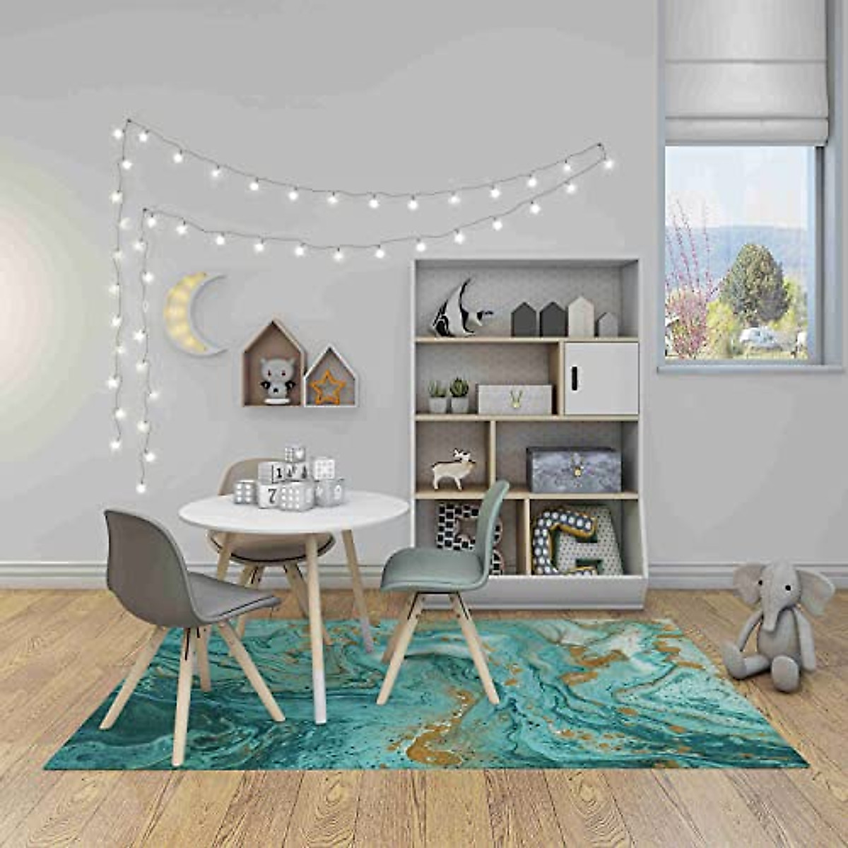 LOKMU Non-Slip Area Rugs Gold and Turquoise Mixed Paint Home Decor Rugs Carpet for Classroom Living Room Bedroom Dining Kindergarten Room 5'x7'