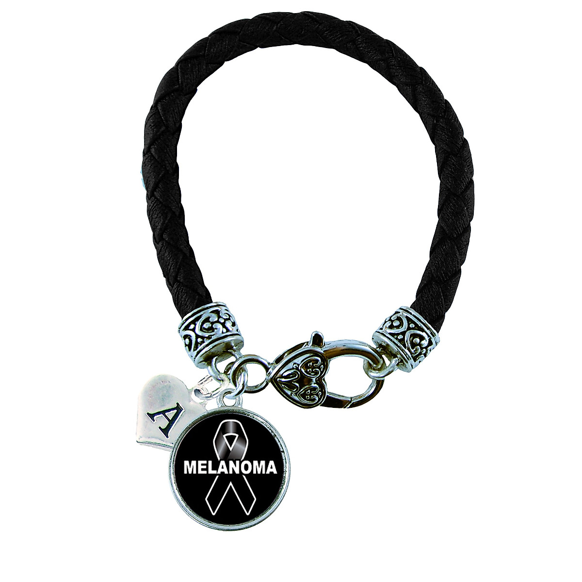 Holly Road Custom Melanoma Awareness Ribbon Black Leather Bracelet Gift Jewelry Choose Initial