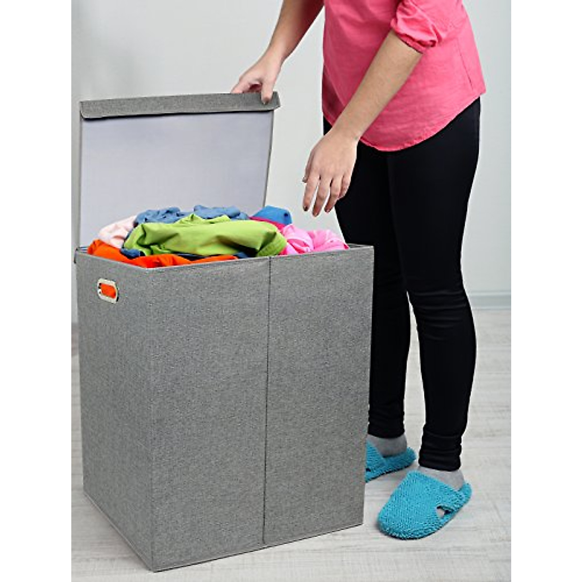 Greenco Double Laundry Hamper w/Lid, Gray | 2 Section/Compartment, Divided, Foldable Hampers | Dirty Clothes/Landry Basket, Bag, Organizer, Storage | Room Organization Accessories, Bedroom Essentials