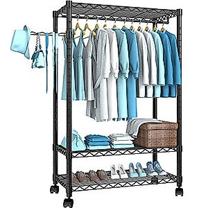 PUNION Heavy Duty Clothing Garment Rack, Freestanding Clothing Rack, Portable Closet Wardrobe with 3 Adjustable Wire shelves 1 Side Hook and 1 Clothe Rod for Hanging Clothes, Black