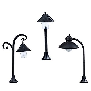 3pcs Model Street Post Lights Ornament Mini Dollhouse Solar Lamp Railway Train Lamp Miniature Village Pathway Lantern Post for Fairy Garden Plant Decoration Black