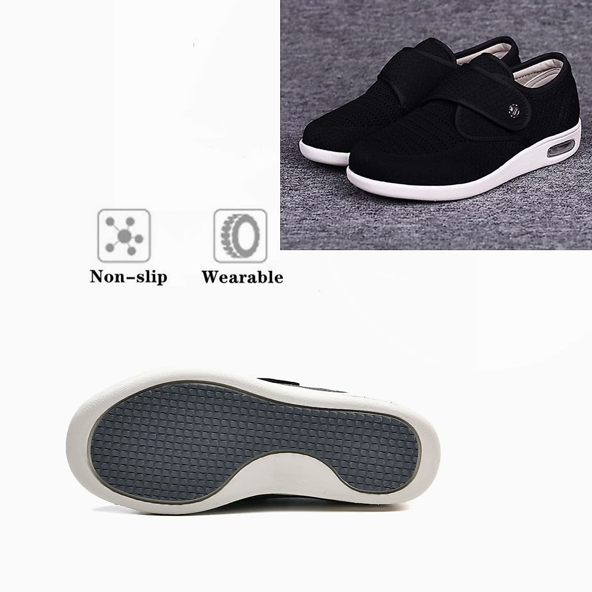 ZGDG Women's Diabetic Edema Shoes, Adjustable Swollen Feet Shoes for Women Wide Feet Hammer Toe Arthritis Indoor Outdoor Lightweight Walking Sneakers Black