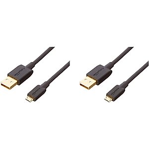 Amazon Basics 2-Pack USB-A to Micro USB Fast Charging Cable, 480Mbps Transfer Speed with Gold-Plated Plugs, USB 2.0, 6 Foot, Black