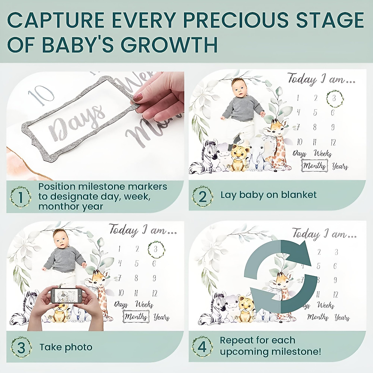 Monthly Baby Milestone Blanket for Baby Girl & Boy - 60"x40" Safari Baby Month Blanket - First Year Calendar Monthly Growth Chart - Track Baby Milestones & Growth - Soft Baby Picture Blanket