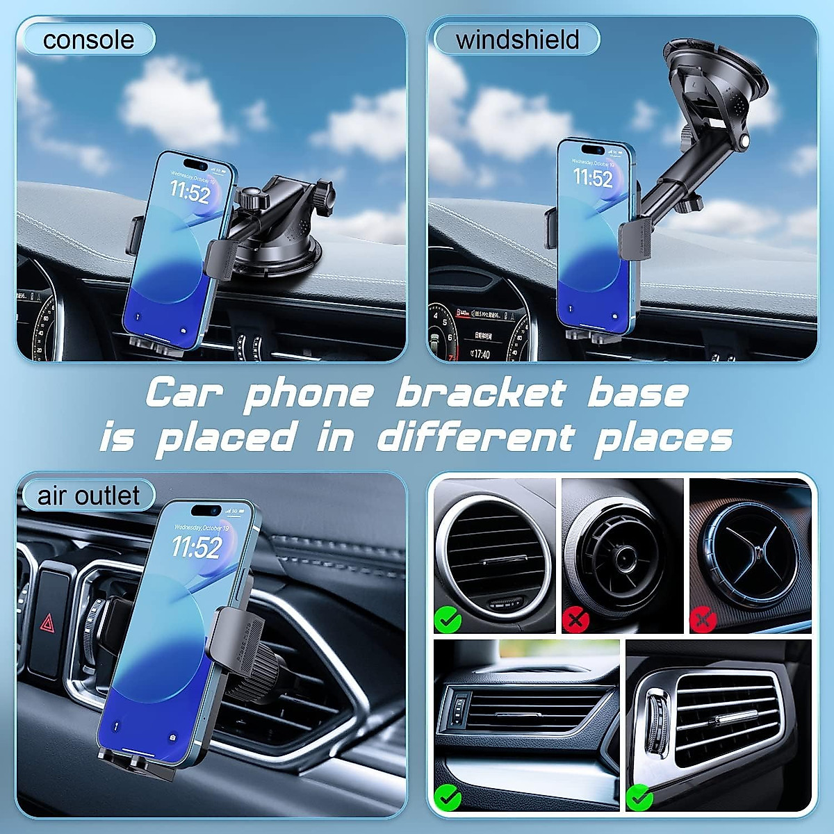 SUUSON Car Phone Holder Mount【Upgraded】-【Bumpy Roads Friendly】 Phone Mount for Car Dashboard Windshield Air Vent 3 in 1,Hand Free Mount for iPhone 14 13 12 Pro Max Samsung All Cell Phones
