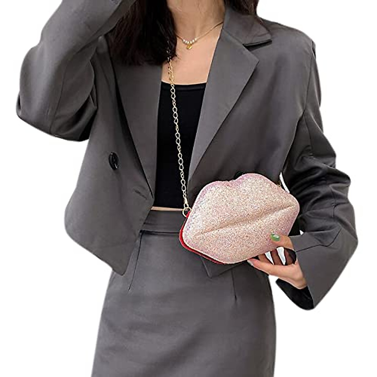 Womens Glitter Lip Purse Evening Bag PU Banquet Crossbody Shoulder Bag for Women