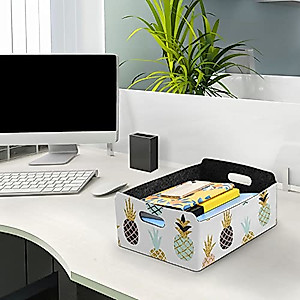Fabric Storage Cube (Geometric Gold Pineapple) 13.7 × 10.2 × 5.1 inch, Large Capacity Decorative Foldable Storage Basket Organizer with Handles Rectangle Thick for Multi Use
