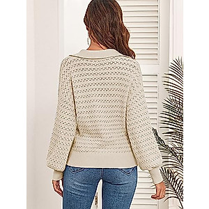 ZAFUL Women's Lapel Collar Sweater V Neck Lantern Sleeve Hollow Out Knit Polo Pullover Sweater Jumper (1-Apricot, L)