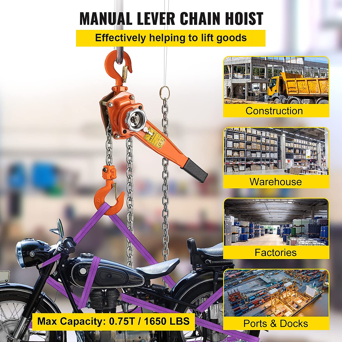 VEVOR Lever Chain Hoist, 0.75Ton 1650lbs Capacity Ratchet Puller with 10FT Max. Lifting Height, Come Along 2 Heavy Duty Steel Hooks, Manual Handling Tool for Cargo Moving in Construction, Warehouse , Orange