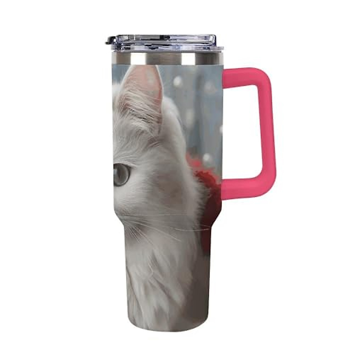 LLUTSNTH 40 Oz Vacuum Tumbler with Light Rose Red Handle Leakproof Insulated Tumbler Cute White Cat Stainless Steel Travel Mug with Lid And Straw Coffee Cup Cute Water Bottles Cup Holder Friendly