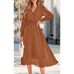 PRETTYGARDEN Women's Midi Long Puff Sleeve Summer Dresses 2024 Smocked Waist V Neck Flowy Ruffle Pleated Casual Long Dress (Brown,Medium)