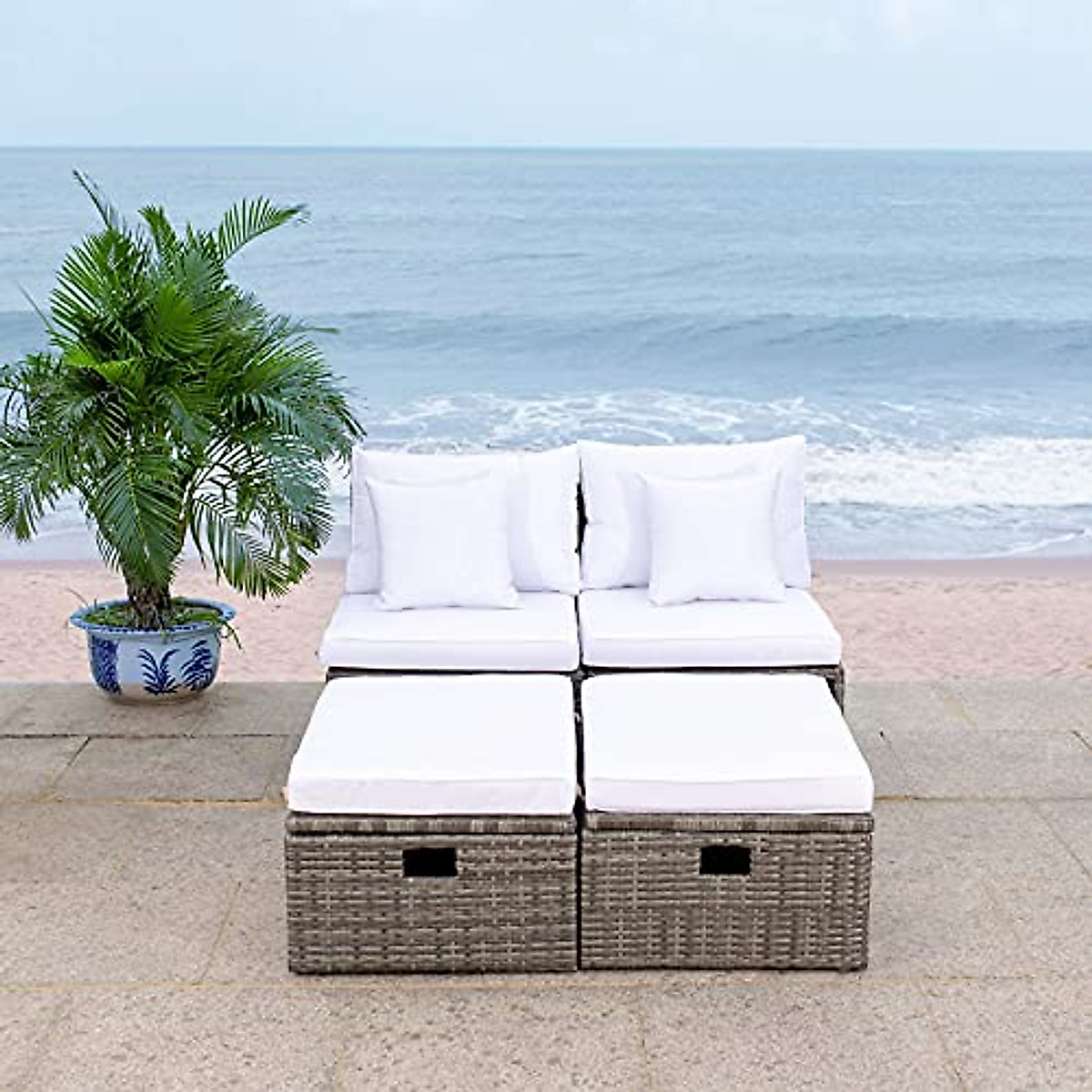 SAFAVIEH Outdoor Collection Pramla Grey Brown/White Cushion Settee with Storage Ottoman (Set of 2) PAT7515C