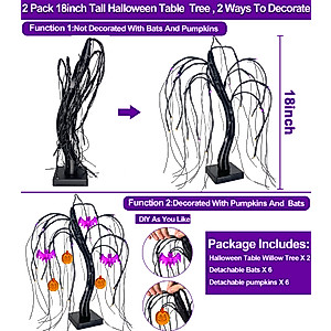 [ Orange & Purple ] 2 Pack Halloween Spooky Tree Decor with Timer 48 LED Lighted DIY 6 Pumpkins & 6 Bats 18 Inch Battery Operated Tabletop Artificial Black Tree Halloween Decor for Indoor Home Holiday