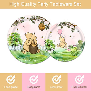 96 Pcs Classic Pooh Bear Party Supplies for Girls 24 Guests Baby Shower Tableware Plates Napkins Cartoon Little Bear Bees Dinnerware Table Decorations Newborn 1st Happy Birthday Party Favor