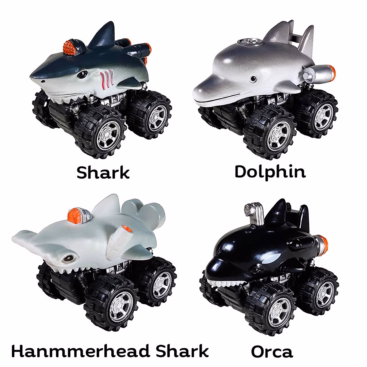DINOBROS Shark Toys Pull Back Cars for Boys and Toddlers 4 Pack Ocean Sea Animal Truck Toy Dolphin Hammerhead Shark Killer Whale Playset Gift for 3 Years Old and Up