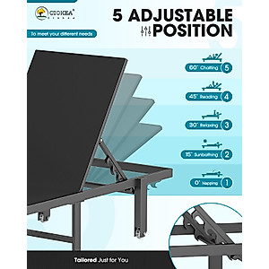 Aluminum Chaise Lounge Chair Outdoor with Wheels, Patio Lounge Chair with Adjustable 5-Position Recliner and Full Flat Tanning Chair for Patio, Beach, Pool, Black