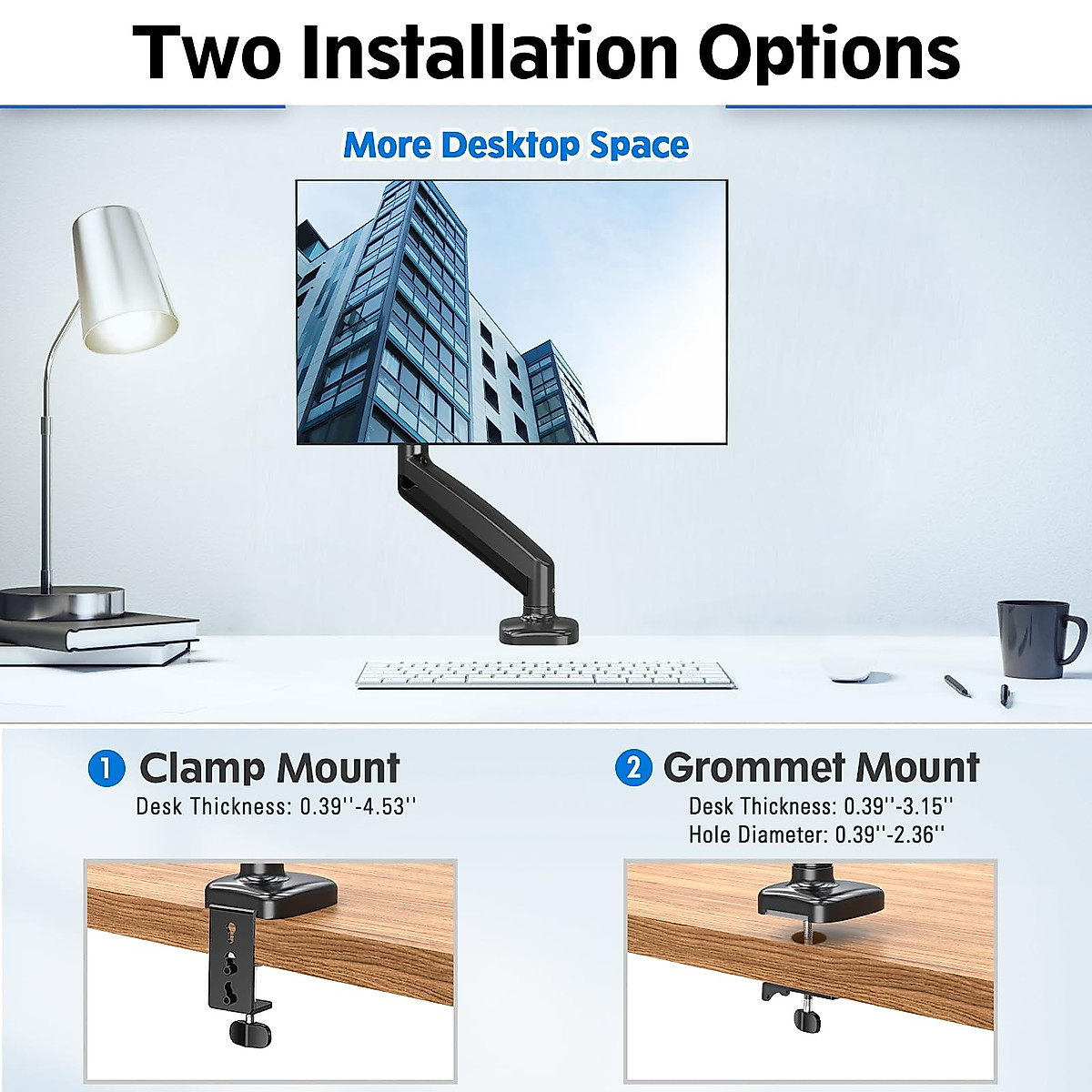 MOUNTUP Single Monitor Desk Mount, Adjustable Gas Spring Monitor Arm Support Max 32 Inch, 4.4-17.6lbs Screen, Computer Monitor Stand Holder with Clamp/Grommet Mounting Base, VESA Mount Bracket, Black