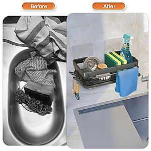 Black Adhesive Sink Caddy Sponge Holder for Kitchen Sink, Space-Saving Kitchen Sink Caddy with Auto Drain Tray and Towel Holder, Kitchen Sink Organizers for Sponge, Brush, Sink Stopper and Scraper