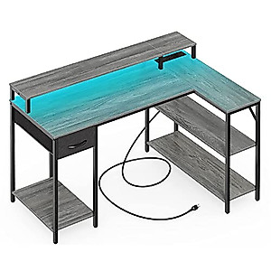 SUPERJARE L Shaped Gaming Desk with LED Lights & Power Outlets, Reversible Computer Desk with Shelves & Drawer, Corner Desk Home Office Desk, Gray