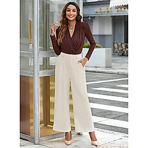 GRAPENT Fall Women's Stretchy Work Pants - White High Waisted Palazzo Slacks - Size 8, 10