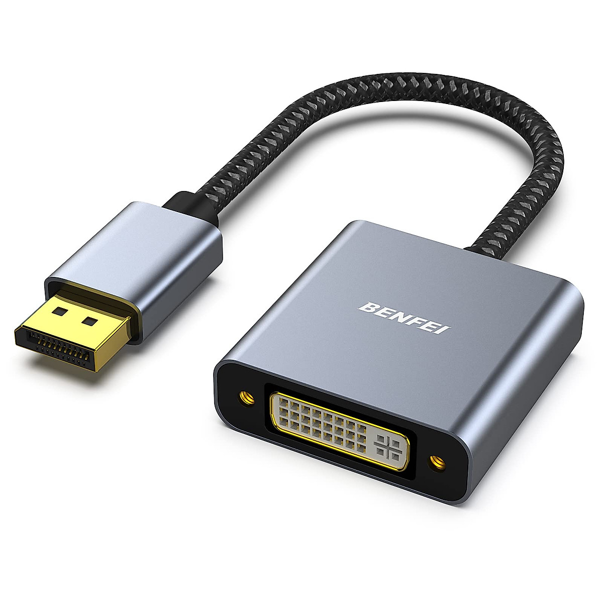 DisplayPort to DVI, Benfei DisplayPort to DVI-D Single Link Adapter Male to Female Adapter Compatible for Lenovo Dell HP and More [Gold-Plated Connectors, Aluminium Shell&Nylon Cable]