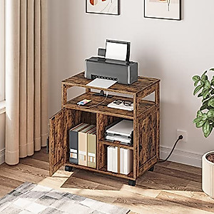 HOOBRO Printer Stand with Charging Station, Rolling Wood Storage Cabinet on Wheels, Printer Cart Table on Wheels for Home Office Rustic Brown FG60UPS01