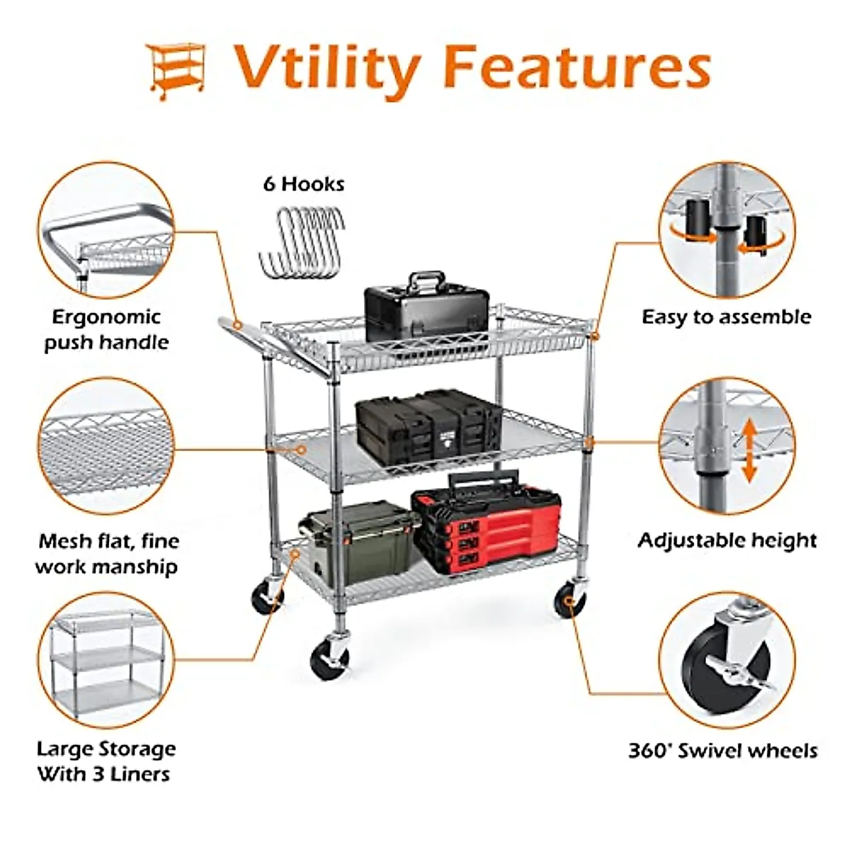 WDT Heavy Duty 3 Tier Rolling Utility Cart, Kitchen Metal Utility Carts with Handle Bar, Utility Shelf Plant Display Shelf Food Cart Storage Trolley with Wheels, Silver