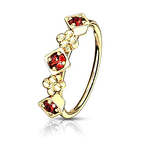 Forbidden Body Jewelry 20g 8mm 14k Gold Plated Surgical Steel Bendable Nose/Rook/Helix Hoop Featuring Red CZ & Floral Design