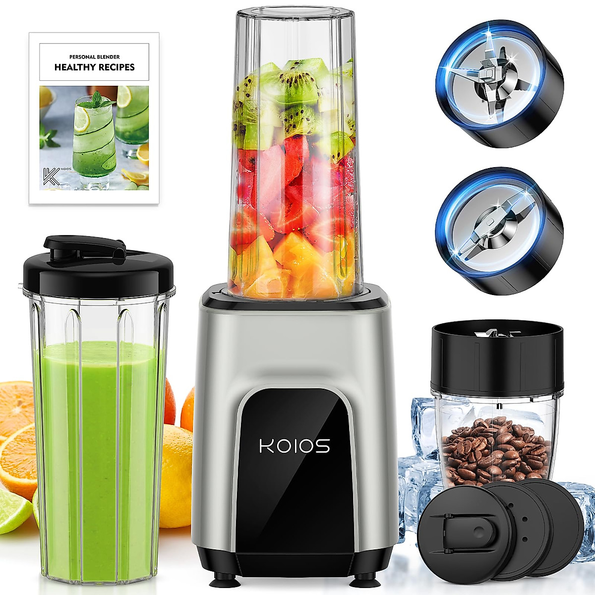 KOIOS Smoothies Blender, 900W Personal Blender and Grinder Combo for Kitchen, Smoothies Maker with 3 Non-BPA Portable Blender Cup for Baby Food, Beans, Nuts, Spice Protein Mixer