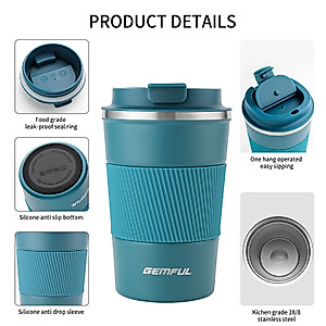 GEMFUL To Go Coffee Mug with Lid 13 oz Insulated Cups Spill Proof Travel Tumbler Leak Proof Vacuum Stainless Steel Reusable for Hot Cold Drinks Women Men (Blue)