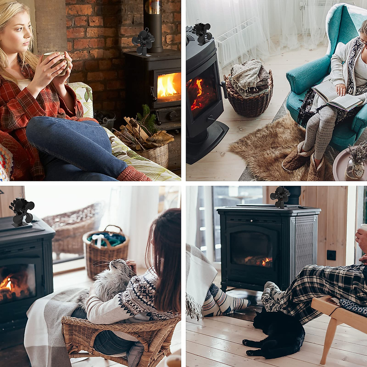 LerkeHony 4 Silent Heat Powered Stove Fan, Log Burner Fan with a Thermometer, Eco Friendly Heat Circulation for Wood/Log Burner/Fireplace/Free Stove Thermometer Satin/Black