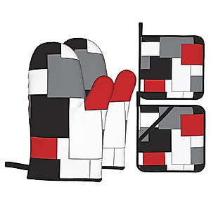 Aao-S745 White Grey Black and Red Irregular Geometric Oven Mitts and Pot Holders Sets of 4 Kitchen Heat Resistant Oven Gloves Non-Slip BBQ Potholders Hot Pads for Cooking Baking Grilling One Size