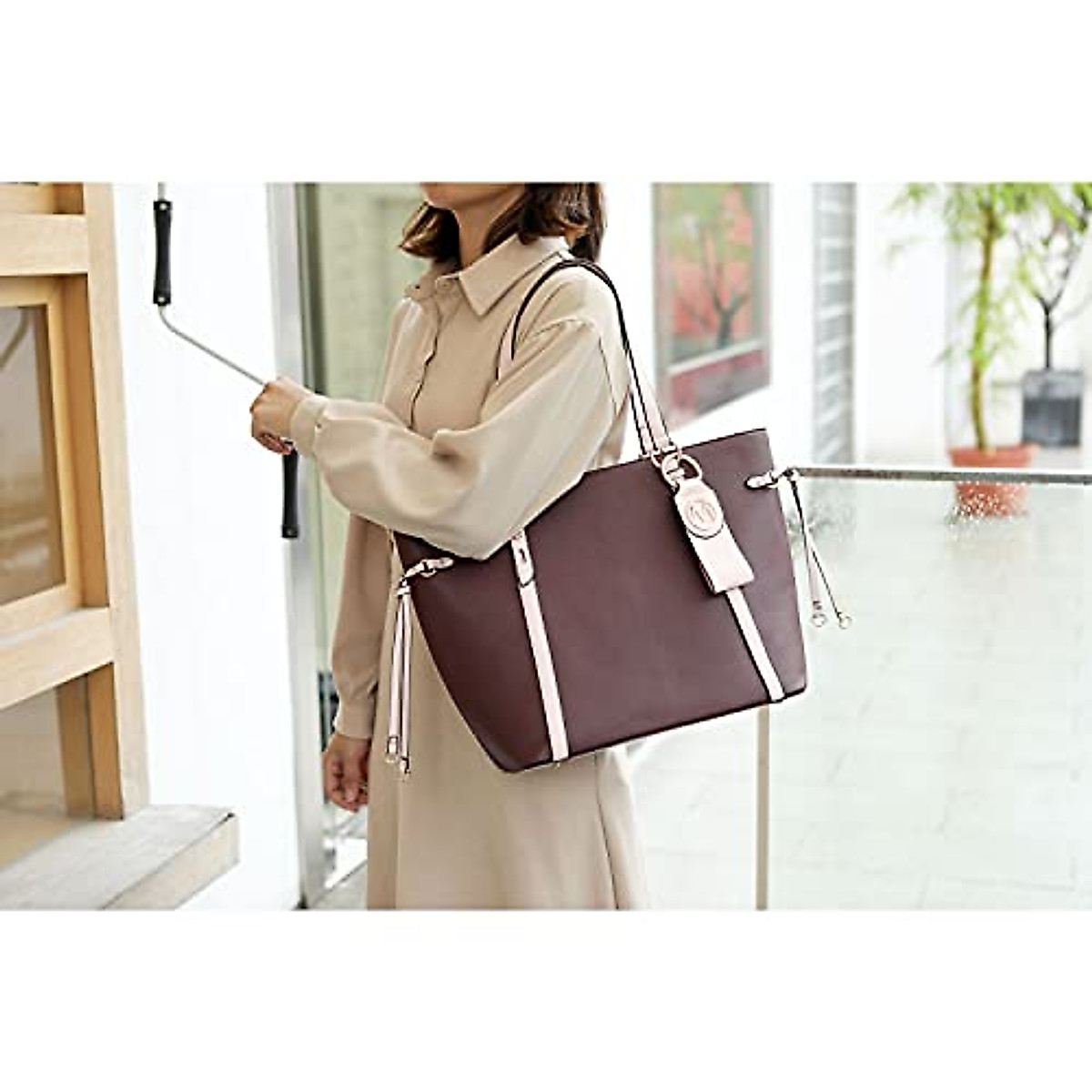 MKF Collection Tote Bag for Women Wristlet Wallet Purse & Detachable Key-Ring Set, Top-Handle Satchel Shoulder Handbag Charcoal