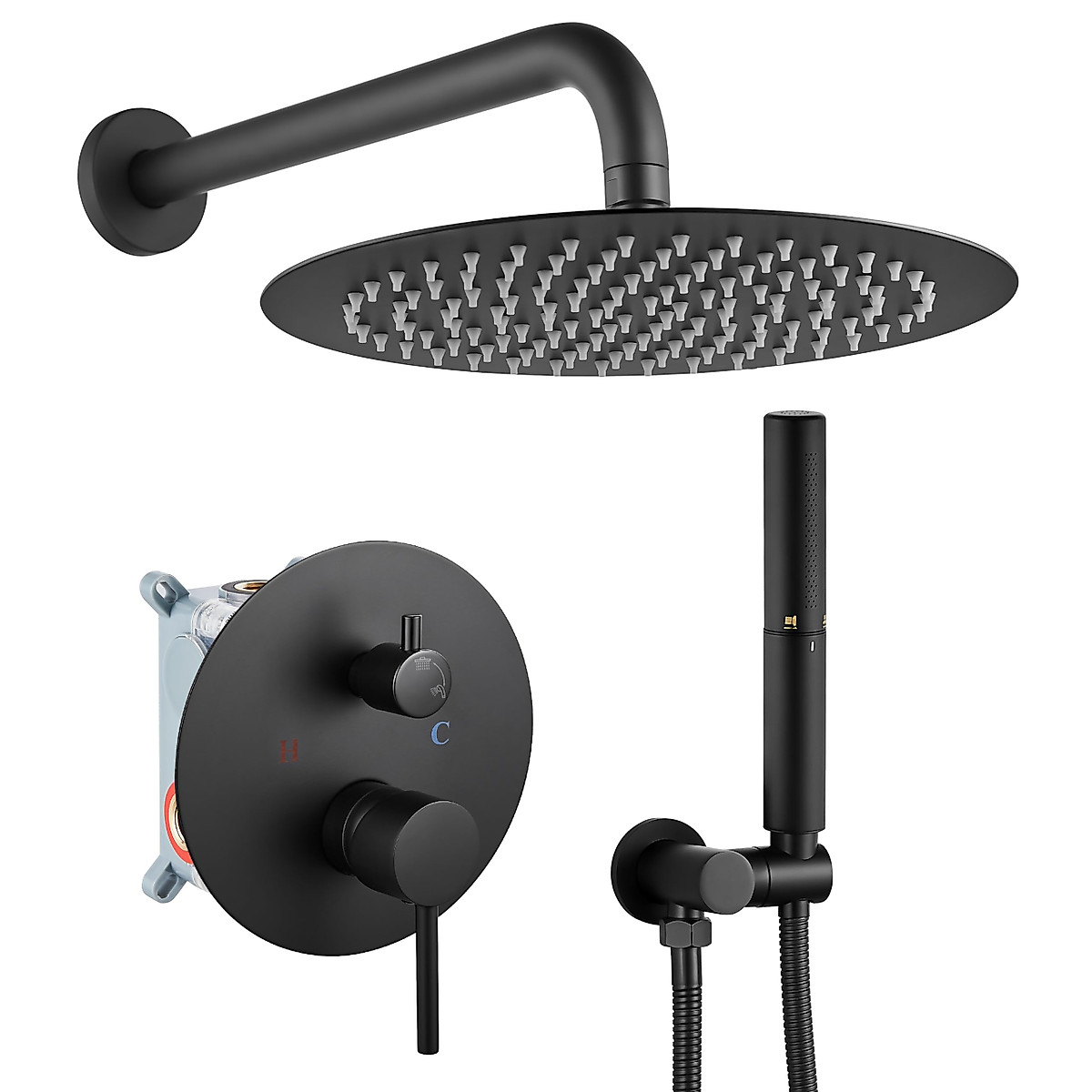 Airuida Shower Fixtures Matte Black 2 Functions 10 Inches Round Rainfall Shower Head and High Pressure Brass Shower Handheld Mixer Bathroom Wall Mount Shower System with Rough-in Valve