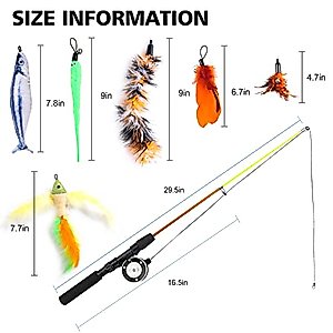 9 PCS Cat Fishing Pole Toy, Retractable Cat Feather Toys with Cat Wand Plush Fish Worm Feathers with Bells Catnip Interactive Cat Teaser Toys for Kitten Cat