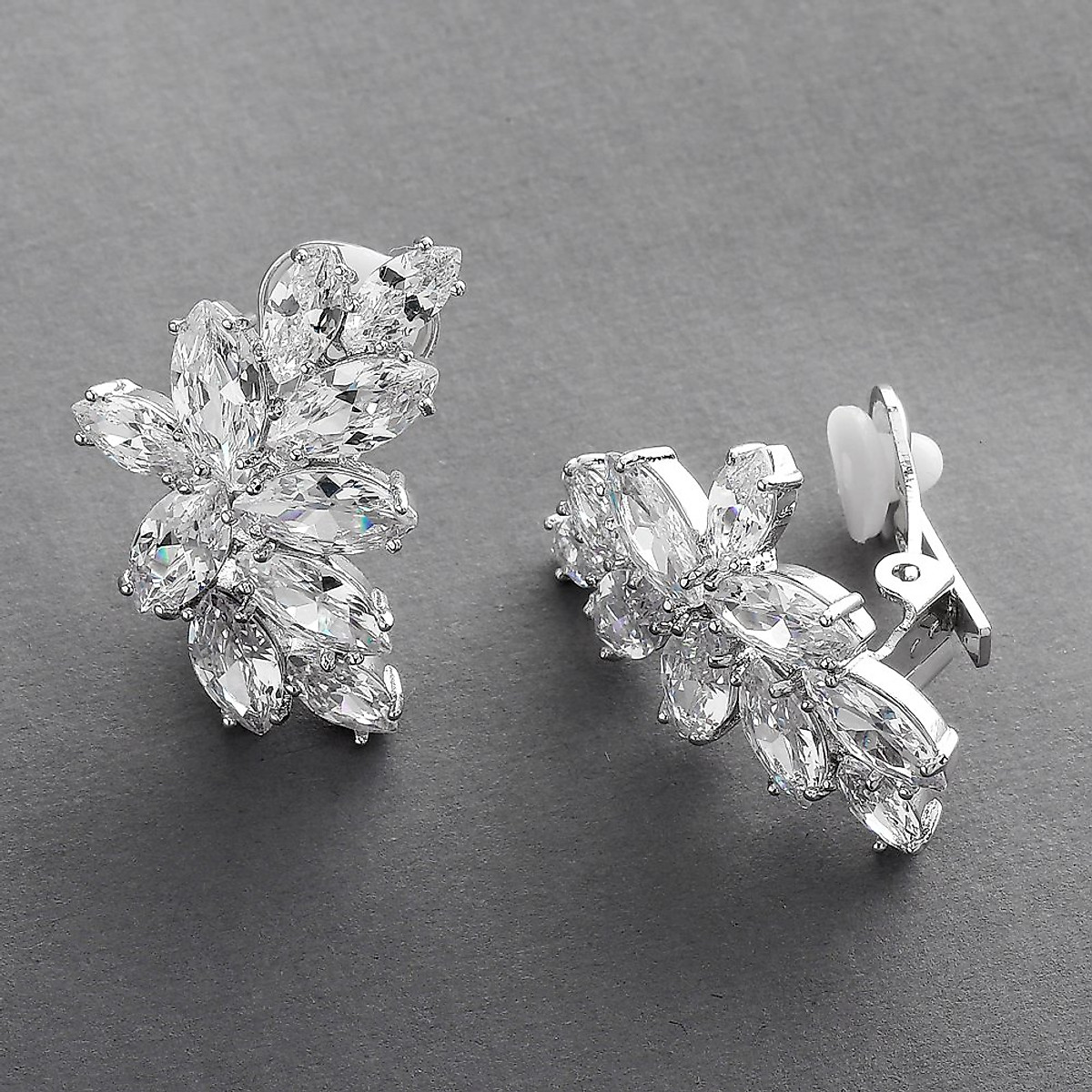 Mariell Clip-On Cubic Zirconia Crystal Bridal Earrings, Marquis Shape CZ Curved Clusters, Non-Pierced Earrings for Wedding, Bridesmaids, Homecoming, Mother of the Bride