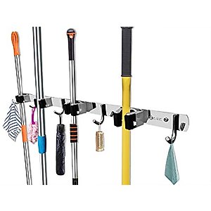 Zuric Mop Broom Holder Wall Mounted 24” Installation Stainless Steel 4 Racks 5 Hooks Hanger Organizer for Home Kitchen, Garage, Laundry, Garden Tools, Sporting Goods