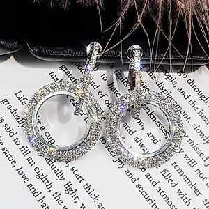 Fashion Rhinestone Double Circle Hoop Earrings Drop Studs for Women (Silver)