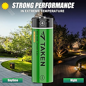 Taken 14430 3.2 Volt Rechargeable Solar Battery, 3.2V 450mAh 14430 LiFePO4 Rechargeable Battery for Solar Panel Outdoor Garden Lights (NOT AA Battery) - 8 Pack