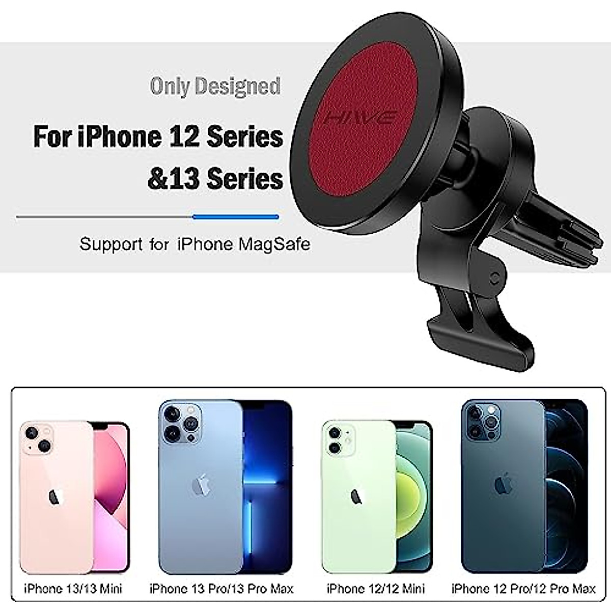 Magnetic Wireless Car Charger, Design for MagSafe Car Mount Charger, Strong Magnetic 15W Fast Charging Car Charger Phone Holder with USB Car Charger for MagSafe iPhone 14/13/12 Series (Red)