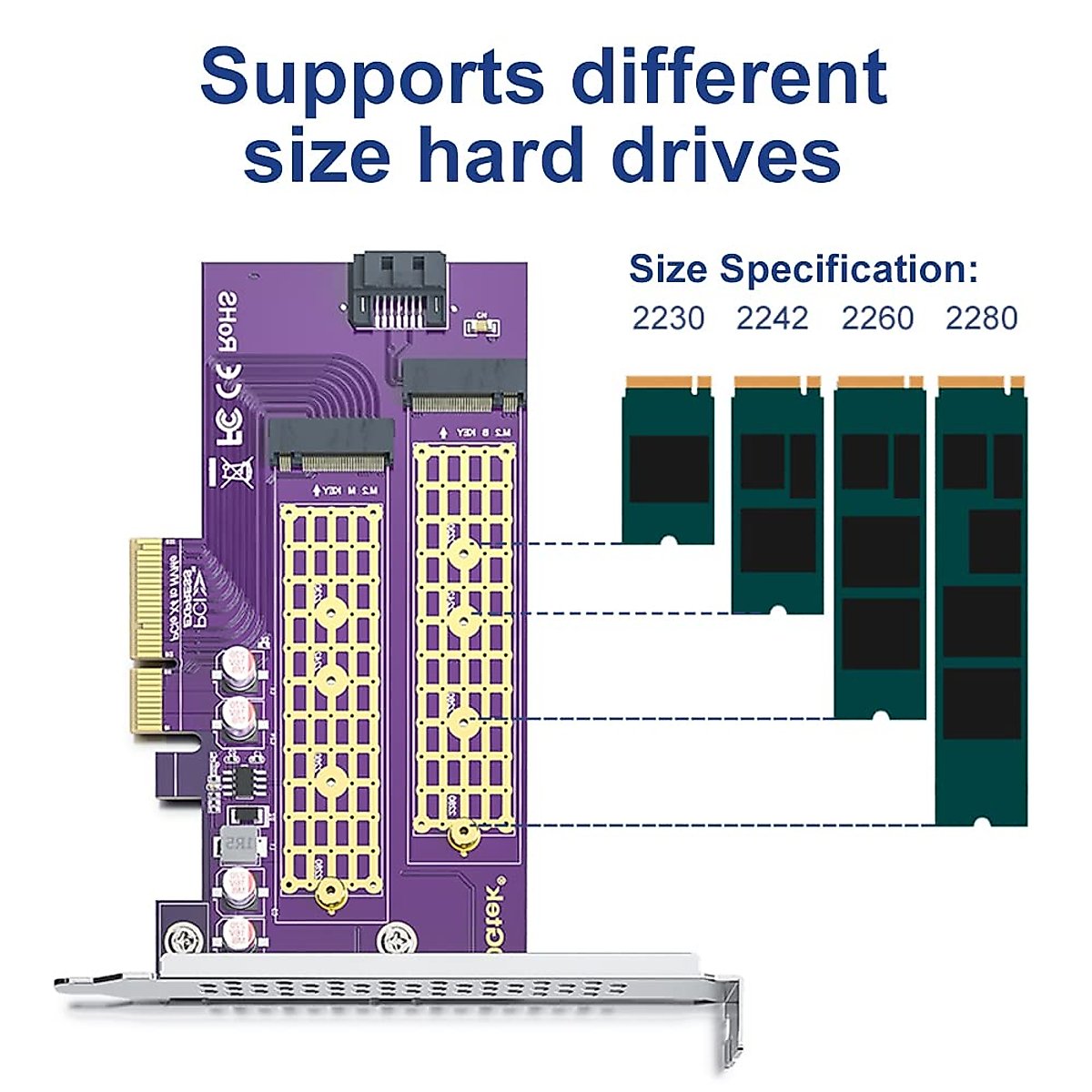 10Gtek 2-Port M.2 NVMe Adapter M-Key and B-Key, PCIe X4 Gen3.