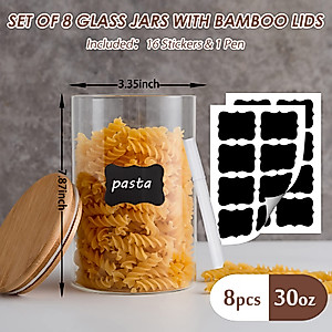 Claplante 8 Pack Glass Food Storage Containers Jars with Airtight Bamboo Lid, 30oz Pantry Organization Jar for Spice, Tea, Flour & Sugar Container, Canister Set for Kitchen Counter, Glass Terrarium