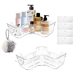 YEUIKERR 2 Pack Corner Shower Caddy Shelf Acrylic Clear Bathroom Corner Shower Organizer with Hook, Adhesive Wall Mounted Plastic Corner Shower Shelves for Bathtub, Dorm, Kitchen, No Drilling