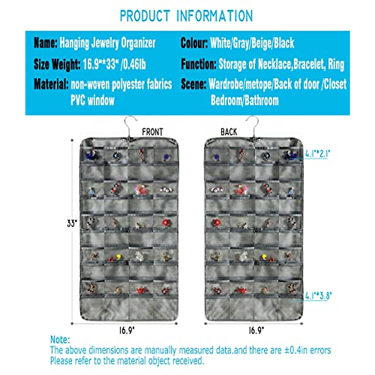 AARAINBOW Hanging Jewelry Organizer Dual-Sided Closet Accesoory Organizer with 80 Pockets Jewelry Hanger for Earrings, Necklaces, Rings on Closet, Wall, Door (Gray)