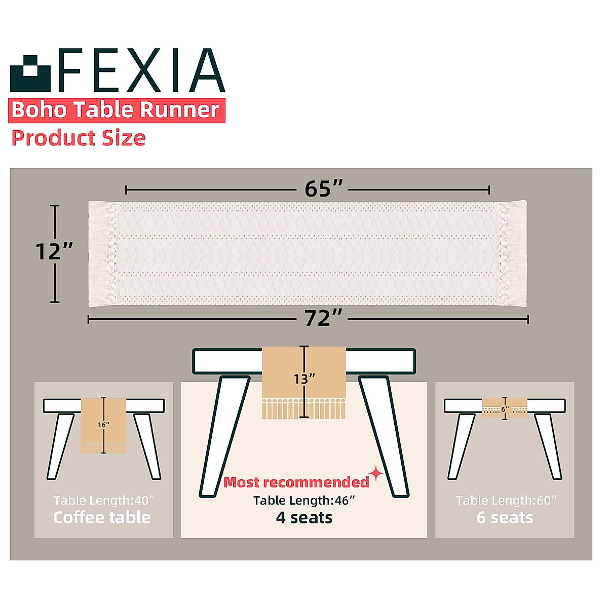 FEXIA Boho Macrame Table Runner with Tassels 72 Inches Long Cream Table Runner for Farmhouse Home Decor Table Runner for Bohemian Dining Bedroom Decor Rustic Bridal Shower (12x72 Inches)