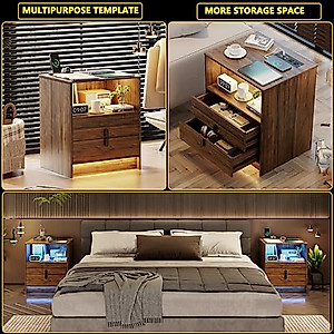 Dystler Nightstand with Charging Station and LED Light Strip, Bedside Tables with 2 Drawers and Open Storage, Modern End Side Table with Human Body Sensor Function for Bedroom, Living Room (Brown)