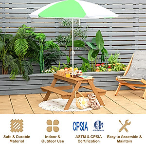 Costzon Kids Picnic Table, 3 in 1 Sand & Water Table w/Height Adjustable Umbrella, Removable Tabletop, Children Outdoor Toy Playset w/2 Play Boxes, Wooden Convertible Activity Play Table