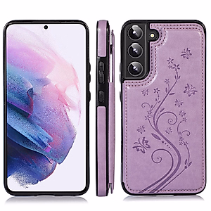 UEEBAI Case for Samsung Galaxy A13 5G/A04s, Luxury PU Leather Flip Case [Two Magnetic Clasp] [Card Slots] Stand Function Embossed Flower Pattern Durable Soft TPU Back Wallet Cover - Purple