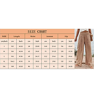 Women Linen Pants Elastic High Waist Wide Leg Palazzo Lounge Pants Casual Loose Beach Pants with Pockets (M, White)