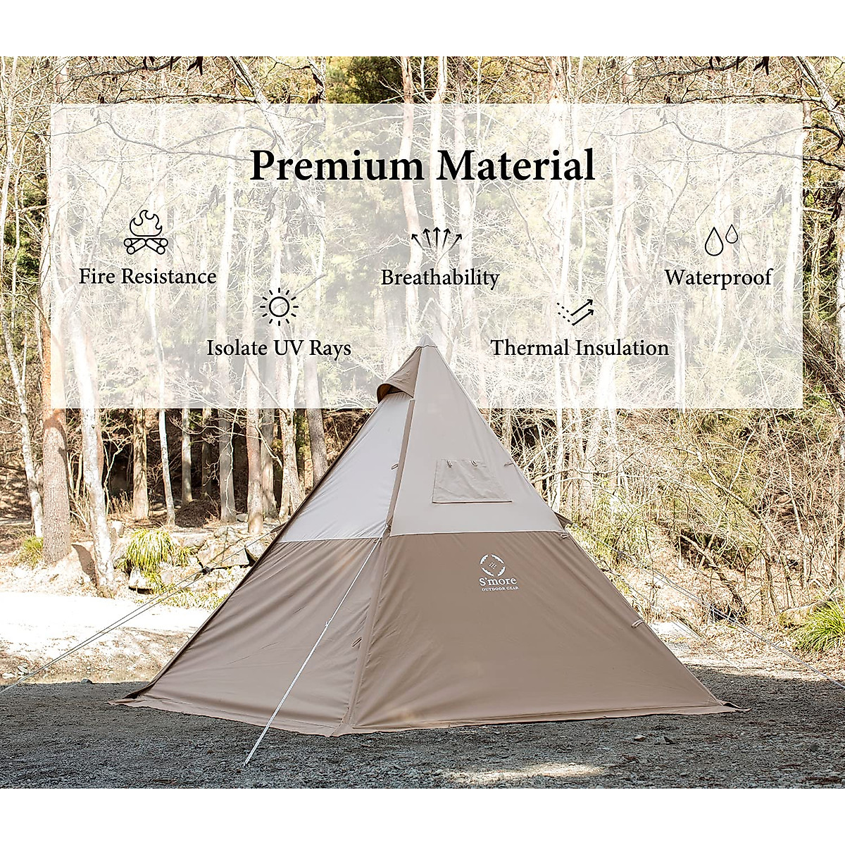S'more Tetto 3 Person Canvas Tent, Large Waterproof & Windproof Glamping Tent, Hot Tent with Stove Jack, 4 Season Tipi, Teepee, Pyramid, Indian Tent, Ideal for Family Camping, Hiking, Backpacking